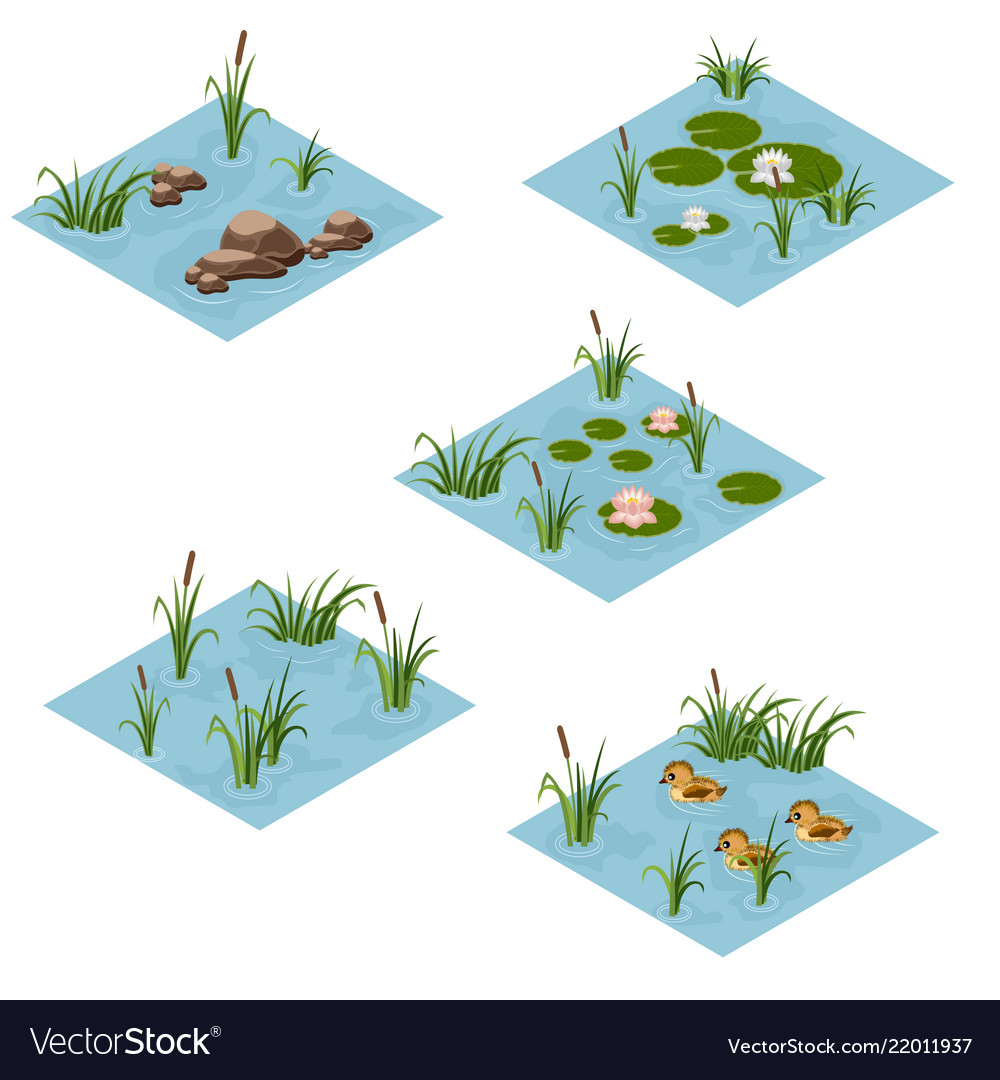 Lake landscape isometric tile set cartoon or game Vector Image Lake landscape isometric tile set cartoon or game Vector Image