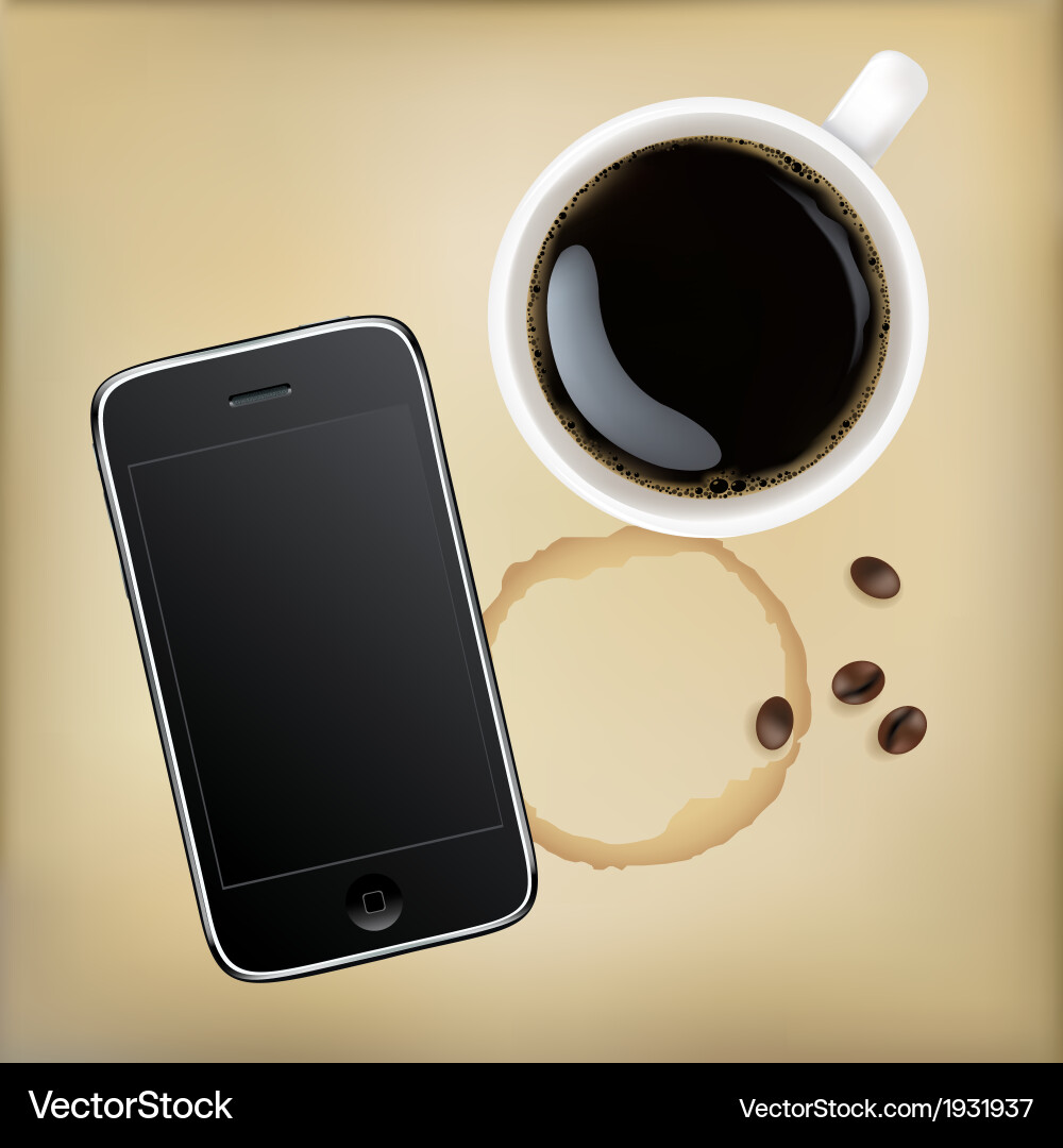 Mobile phone with cup of coffee Royalty Free Vector Image