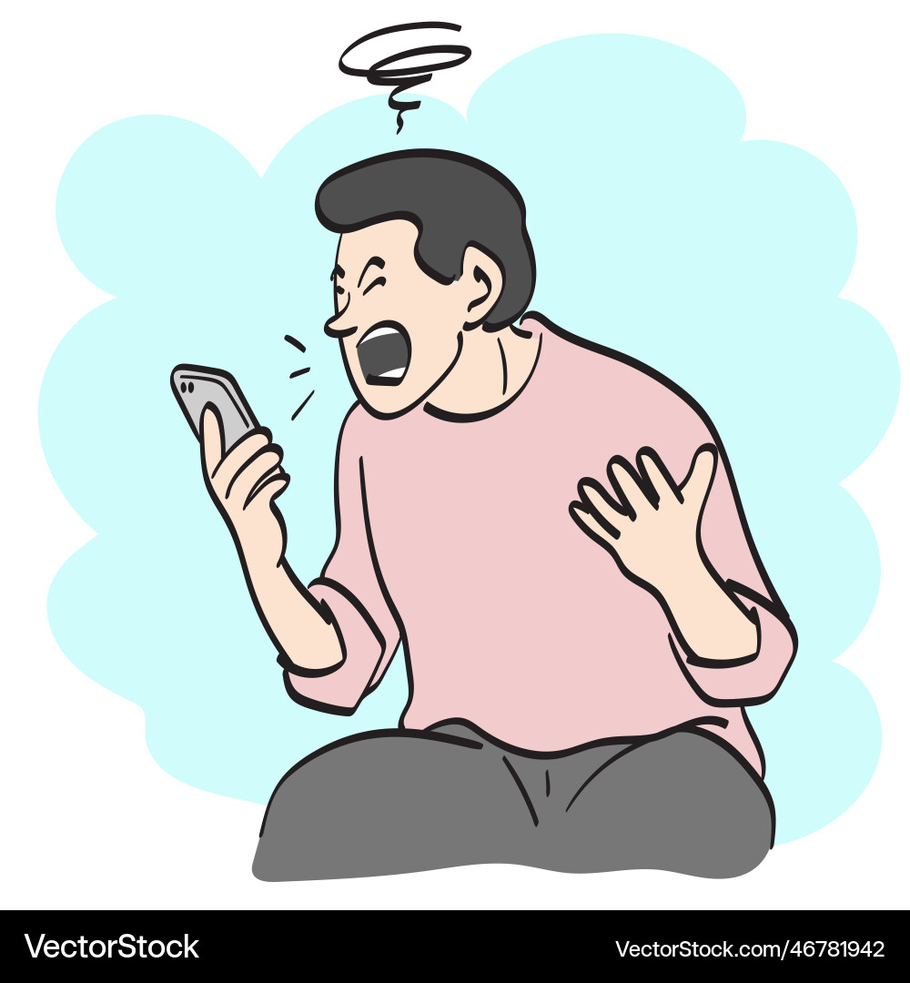 Line art man shouting on smartphone with anger Vector Image