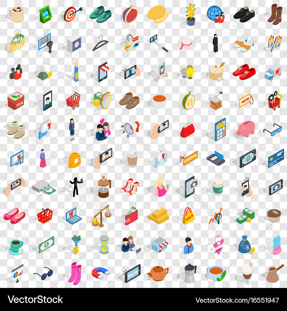 100 lady icons set isometric 3d style Royalty Free Vector