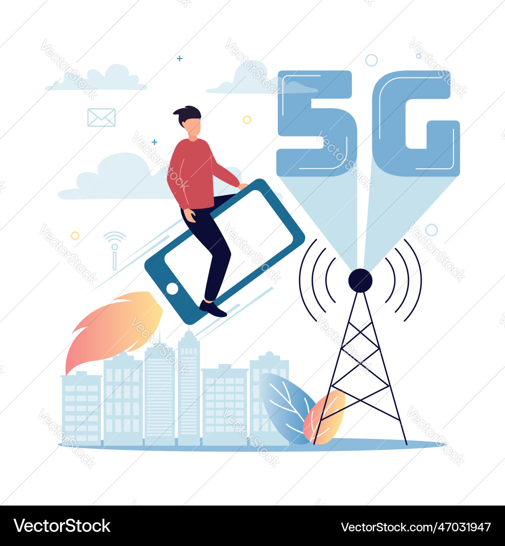 5g mobile internet a man flies on a smartphone Vector Image