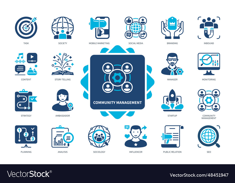 Community management solid icon set Royalty Free Vector