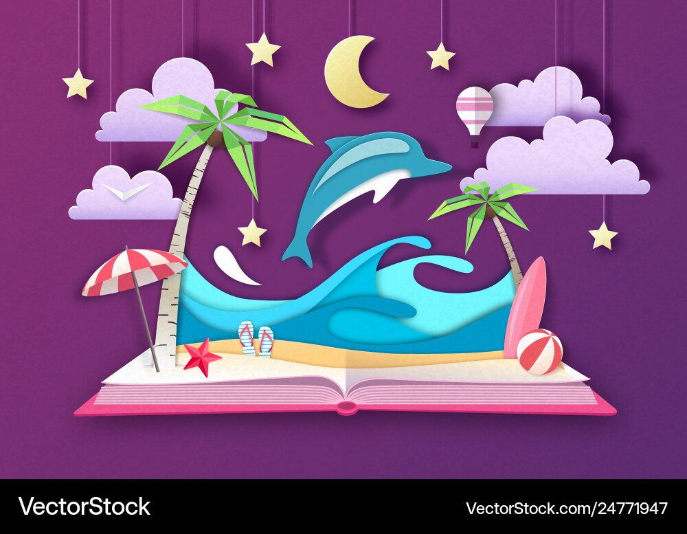 Open fairy tale book with dolphin Royalty Free Vector Image