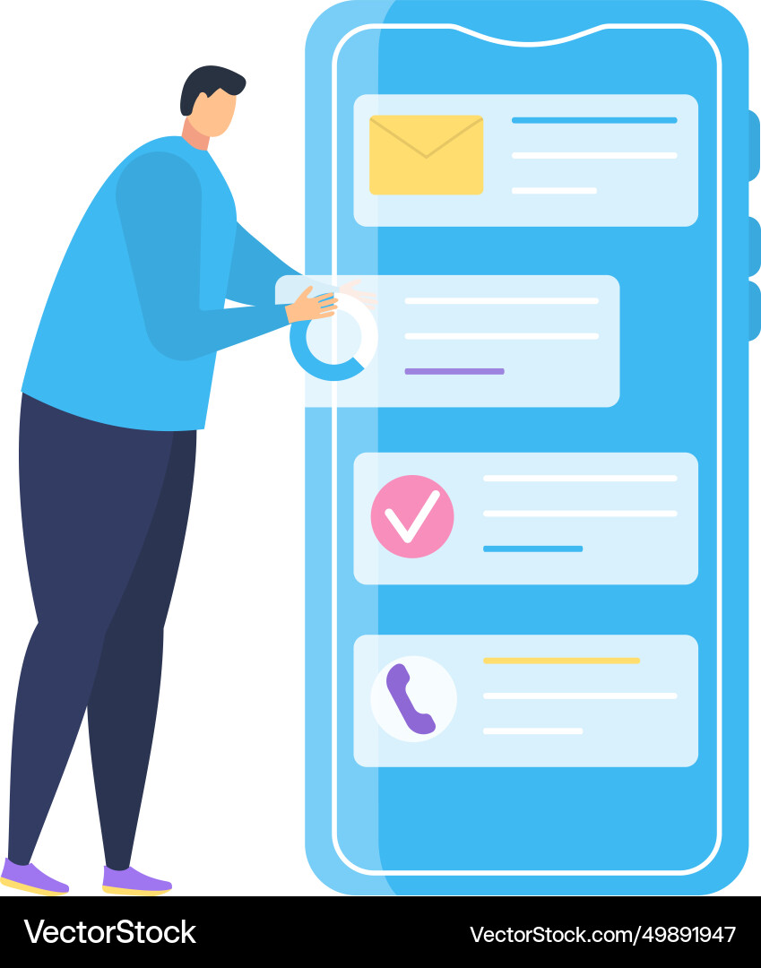 Tiny man character mobile phone application male Vector Image