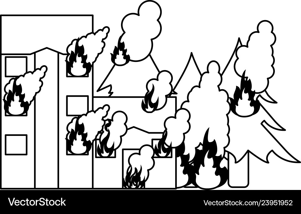 Buildings and forest in fire black and white Vector Image