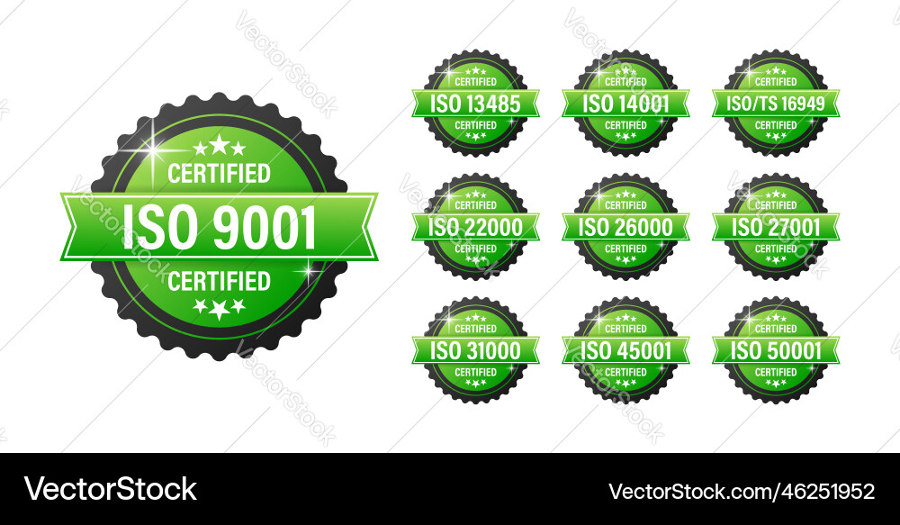 Iso certified set stamp and labels quality Vector Image
