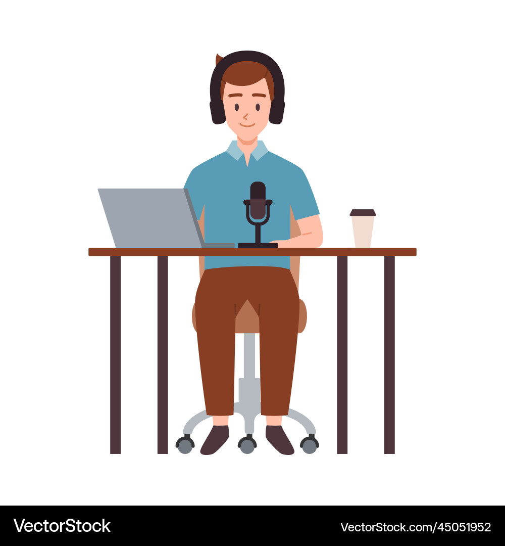 Man with microphone and headphones sitting Vector Image
