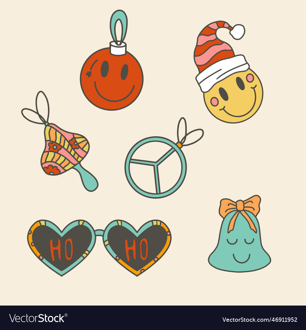 Retro groovy christmas ornaments isolated elements