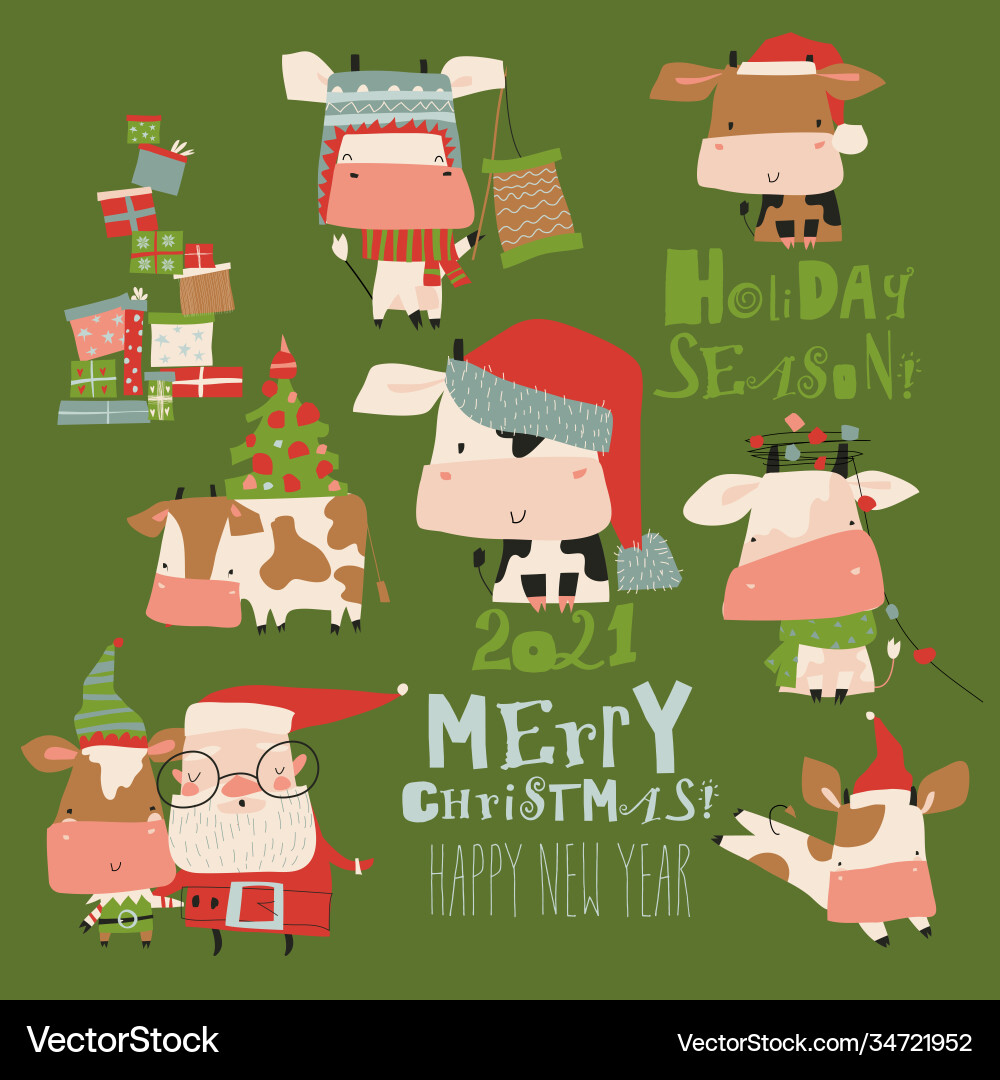 Set bulls in costume and hat different poses Vector Image