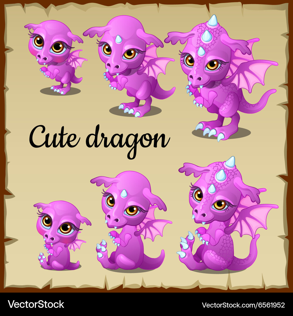 Set little pink dragon on a parchment Royalty Free Vector