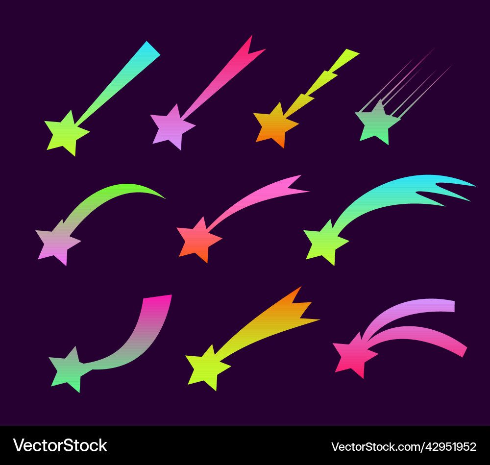 Set of neon space falling down comets and stars Vector Image