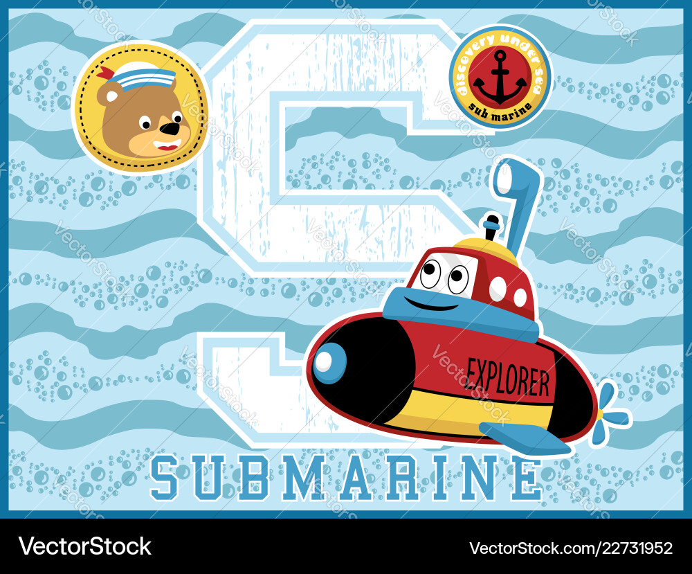 Submarine cartoon funny explorer on blue wave Vector Image