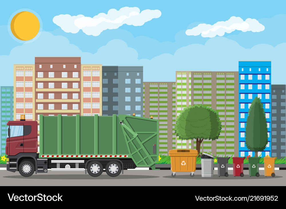 Urban cityscape with garbage car Royalty Free Vector Image