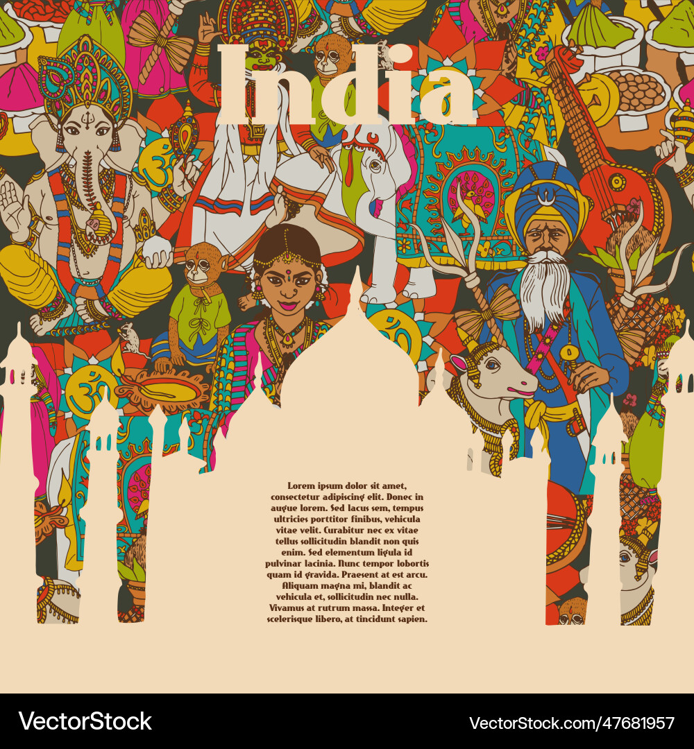 India cultural symbols patterns poster Royalty Free Vector