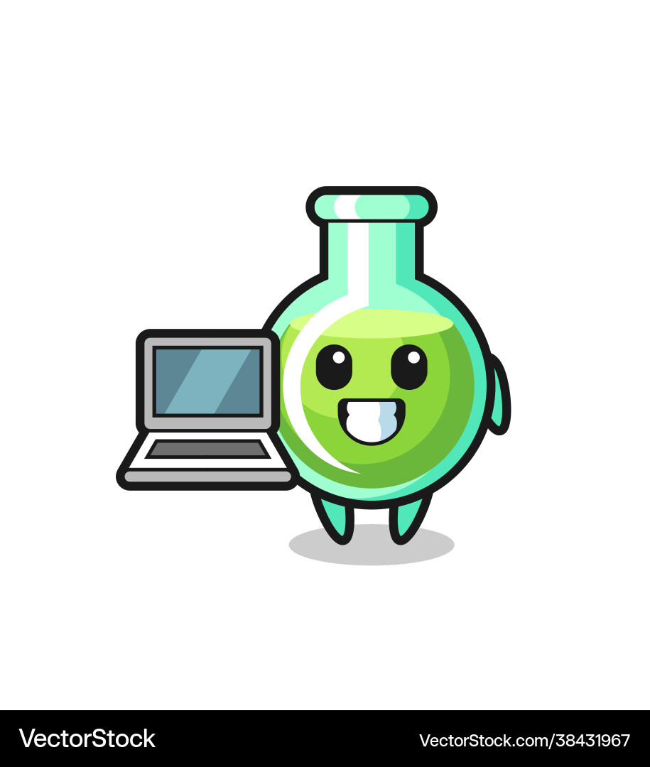 Mascot lab beakers with a laptop Royalty Free Vector Image