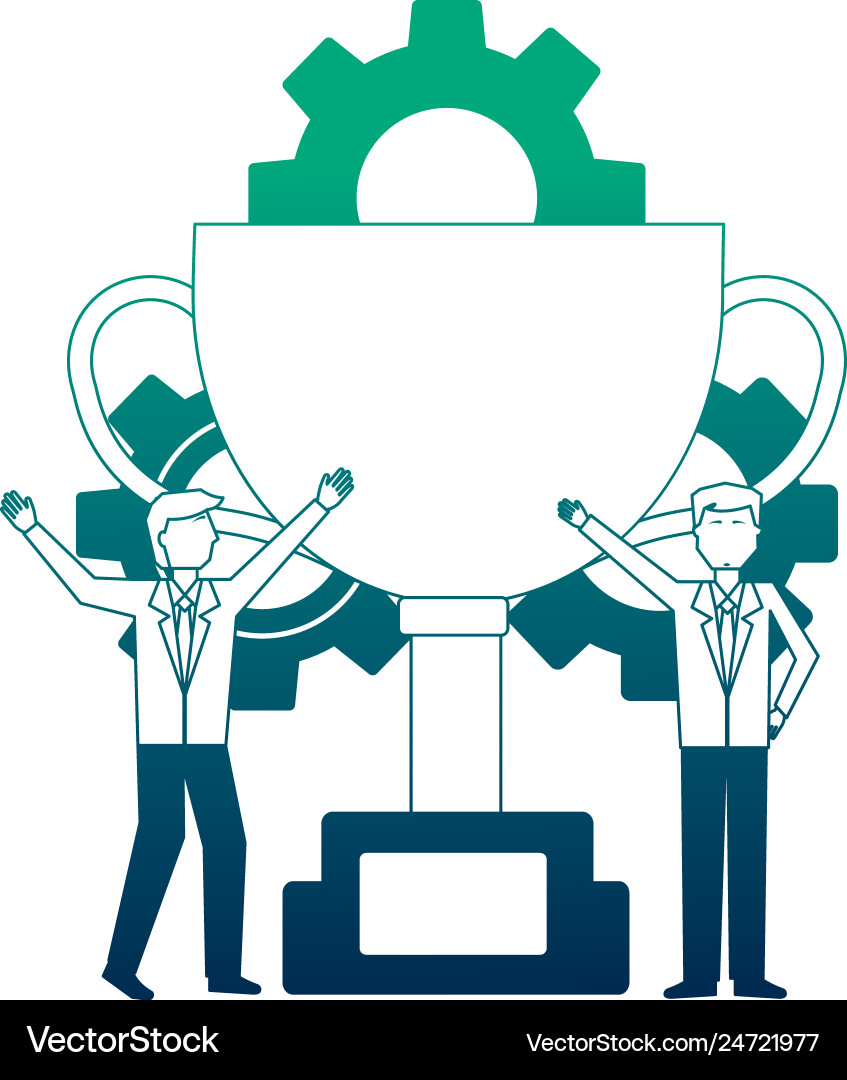 Businessmen with trophy and gears work team Vector Image