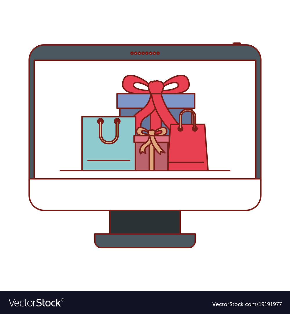 Desktop computer front view with gift boxes Vector Image
