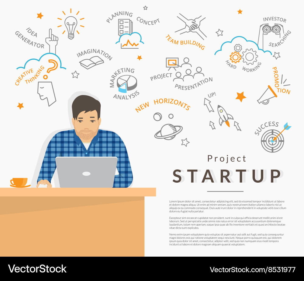 Man sitting at his work desk and planning Vector Image