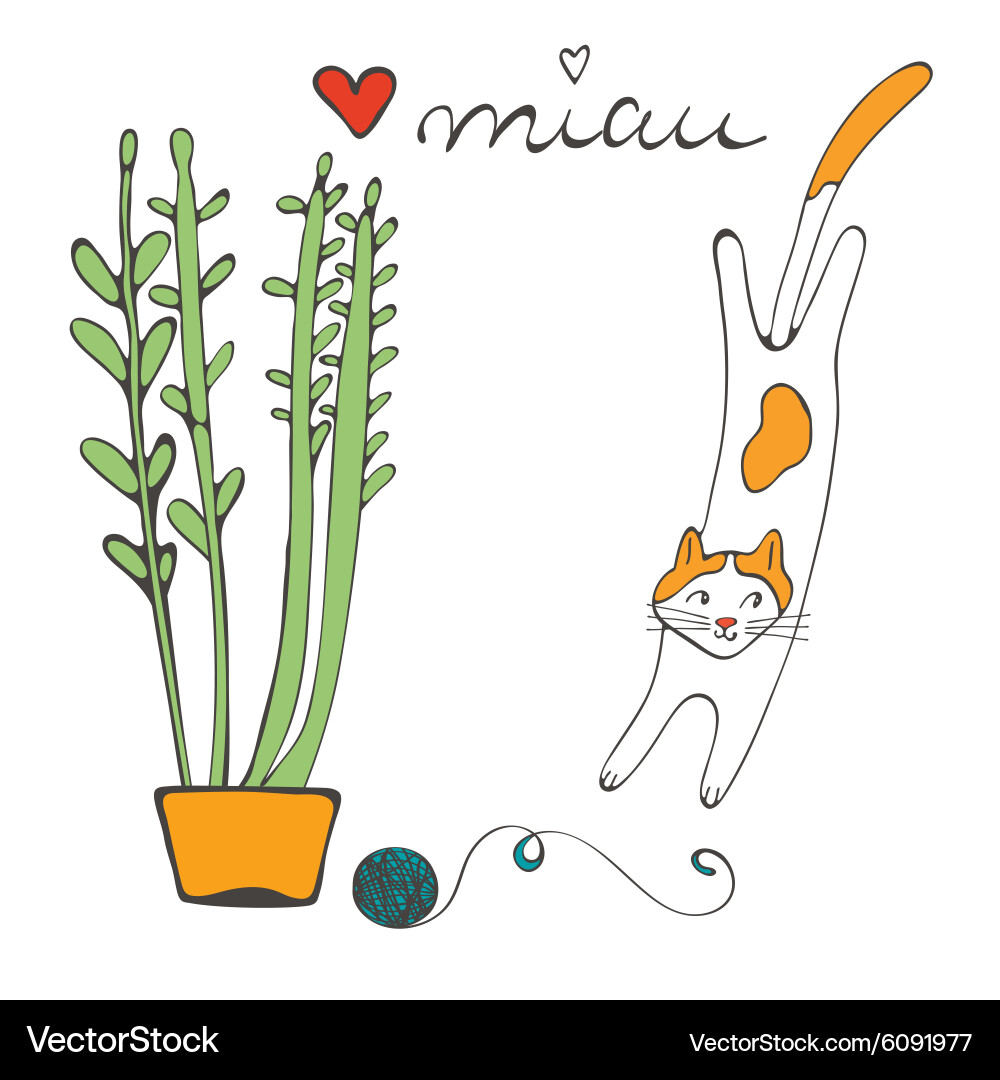 Plant and a cat playing with ball Royalty Free Vector Image