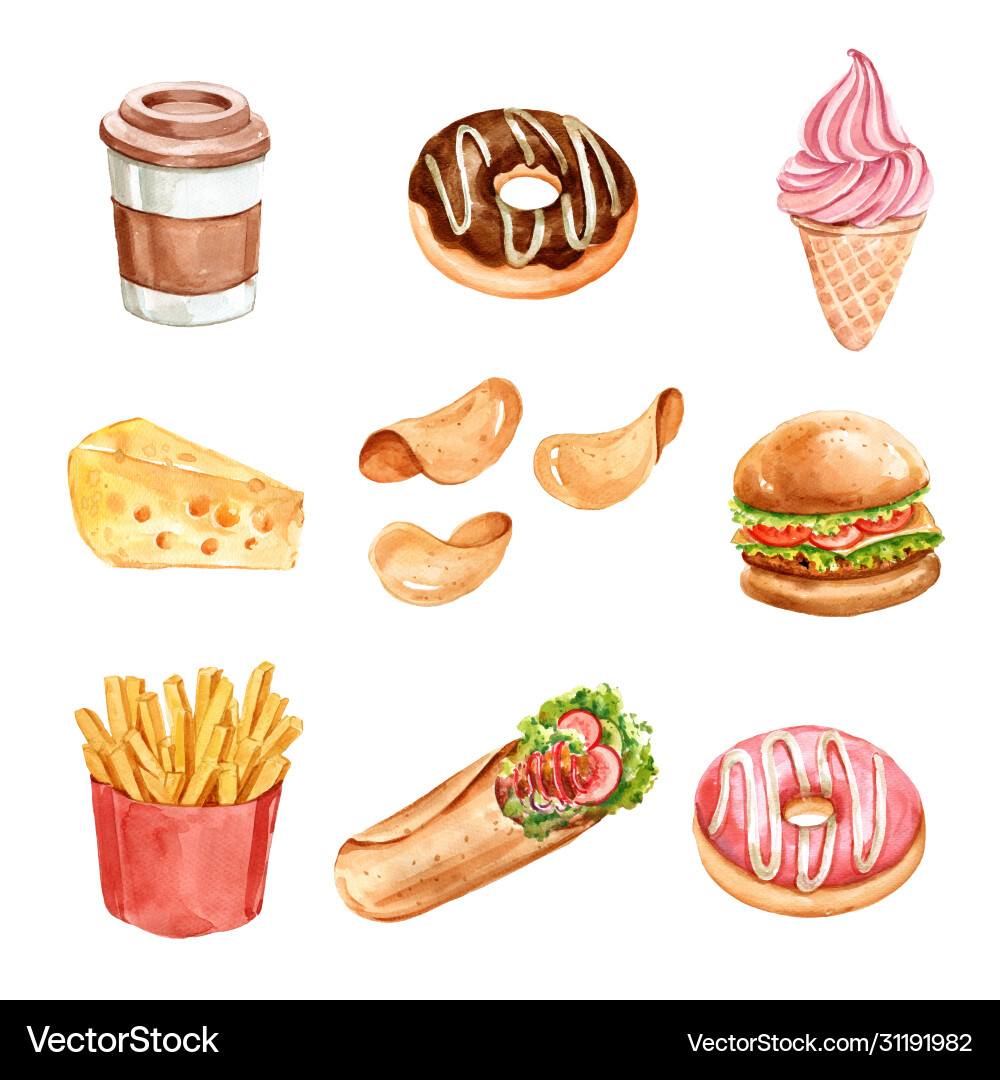 Fast food element design with watercolor on white Vector Image