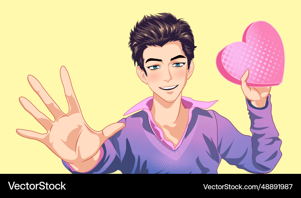 Cute young man gives a gift heart Royalty Free Vector Image