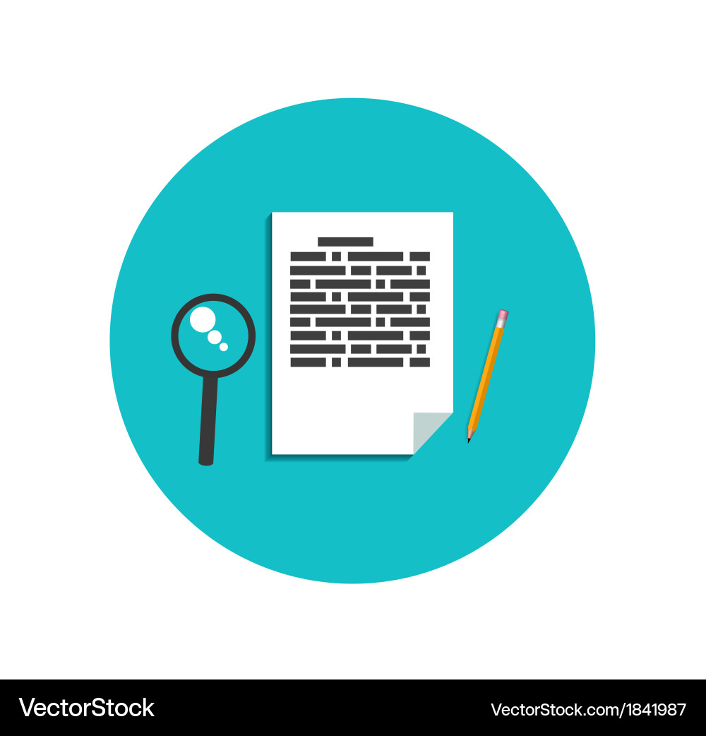 Flat magnifying glass with page and pencil Vector Image