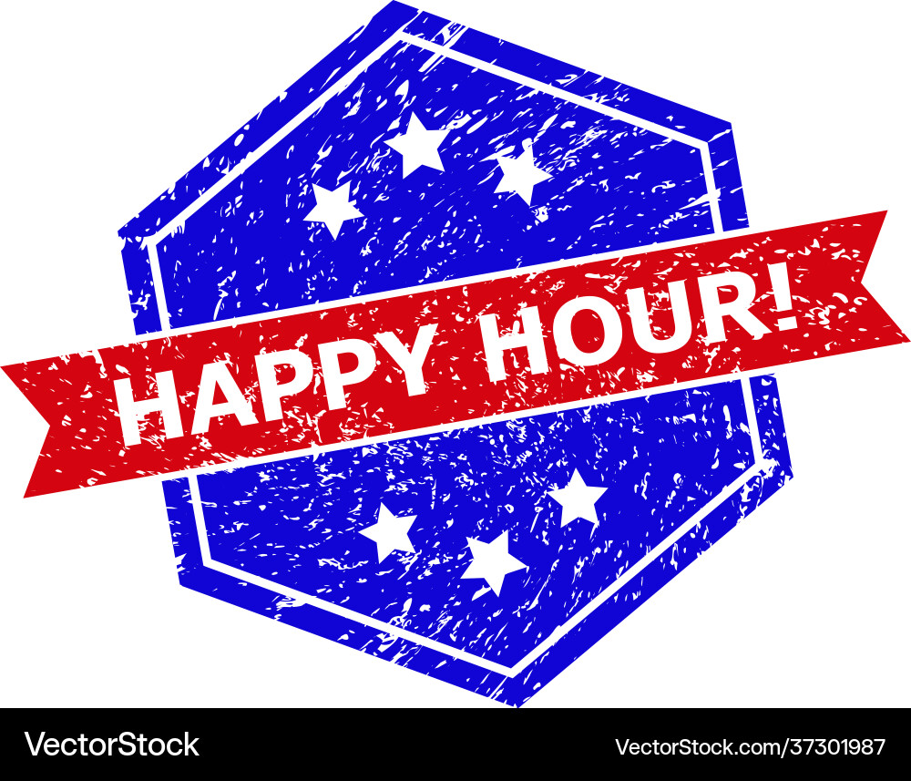 Hexagon bicolor happy hour exclamation stamp seal Vector Image
