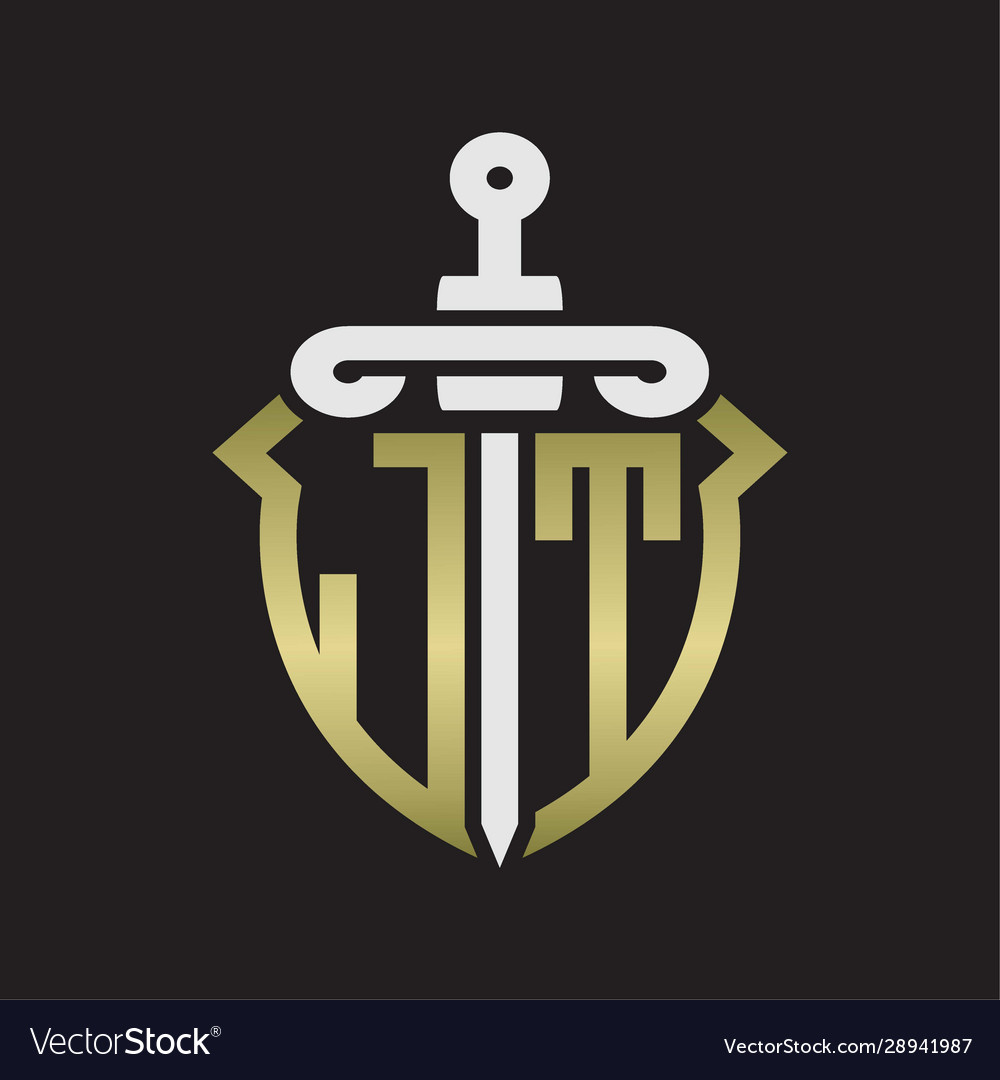 Jt logo monogram with sword and shield Royalty Free Vector