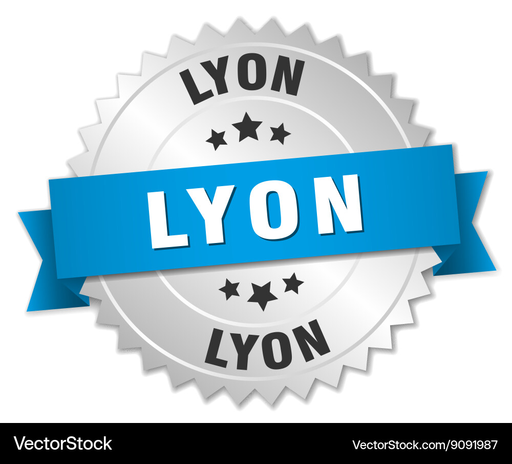 Lyon round silver badge with blue ribbon Vector Image