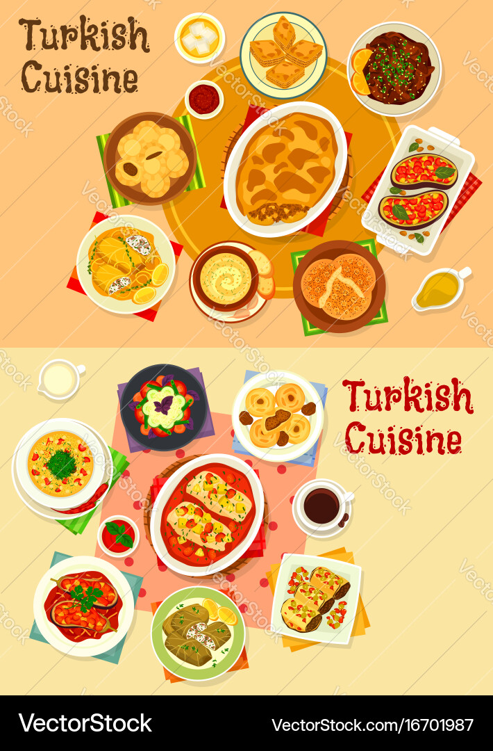 Turkish cuisine dinner with delight icon set Vector Image