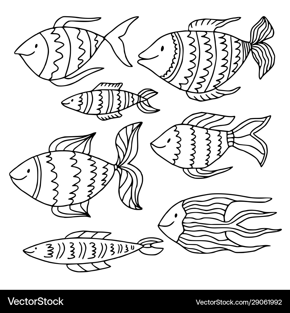 Doodle fishes collection coloring book page Vector Image
