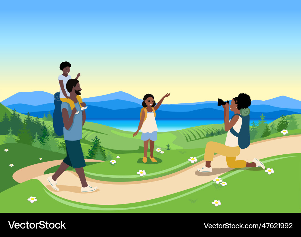 Family goes on a hike Royalty Free Vector Image