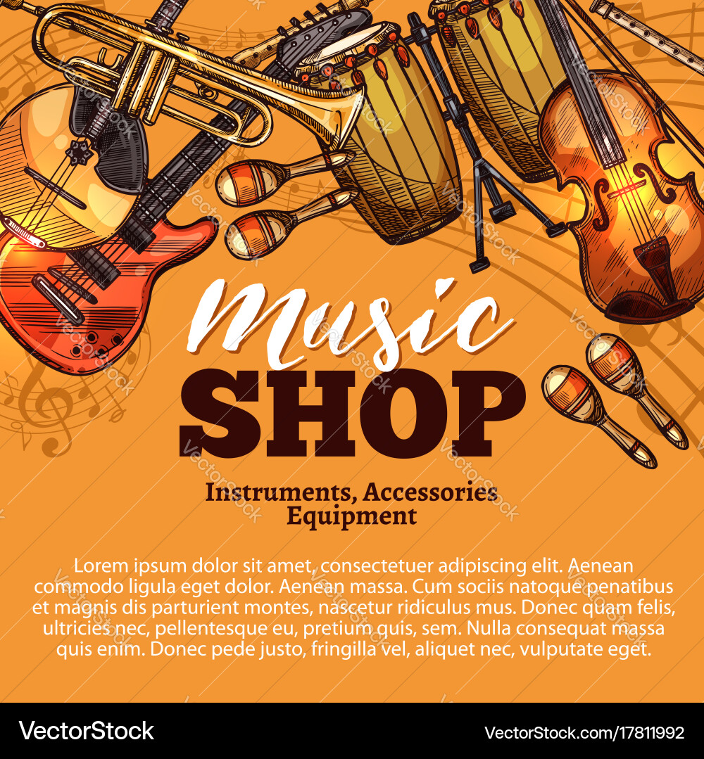 Music shop sketch musical instruments Royalty Free Vector