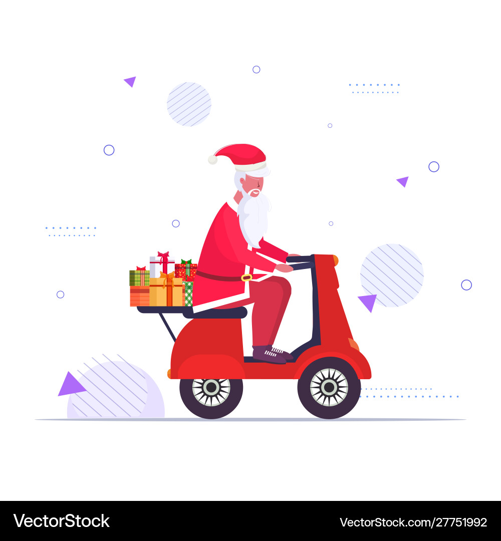 Santa claus with gift present boxes riding vintage