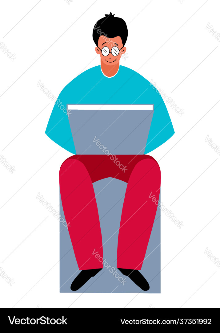 Young man working from home with laptop over white