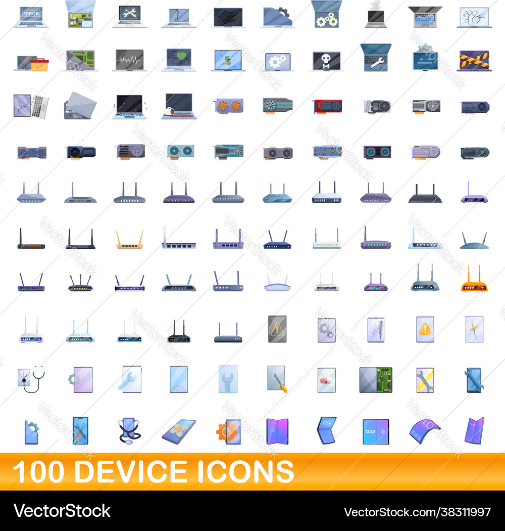 100 device icons set cartoon style Royalty Free Vector Image