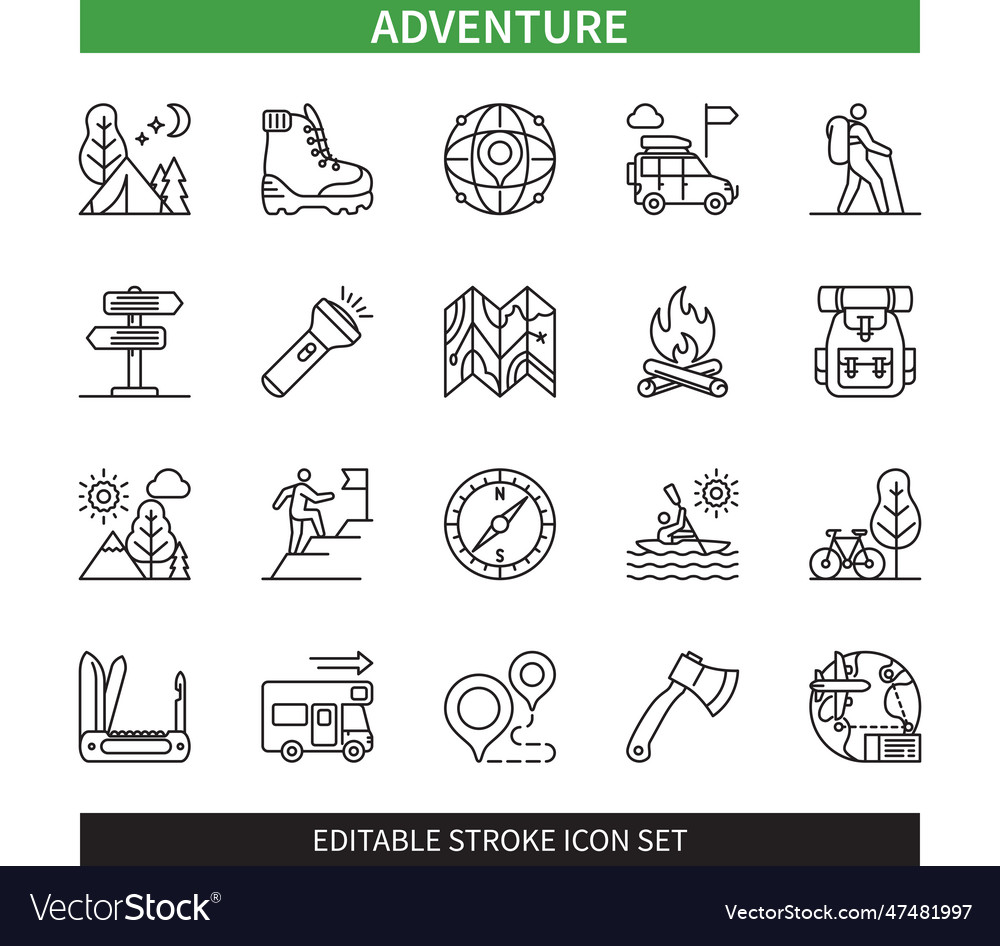 Adventure editable stroke icon set Royalty Free Vector Image