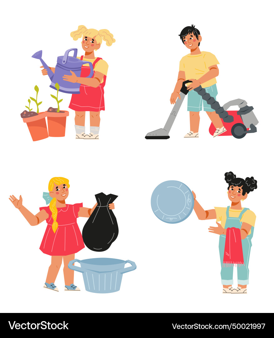 Children do various household chores teaching Vector Image
