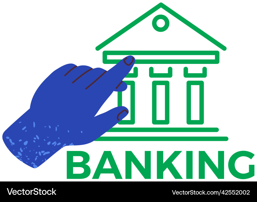Hand points to bank building icon banking app Vector Image