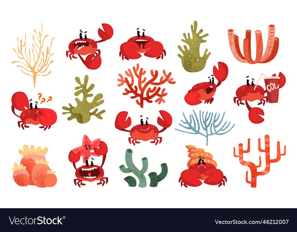 Funny smiling crab characters set cute crustacean Vector Image