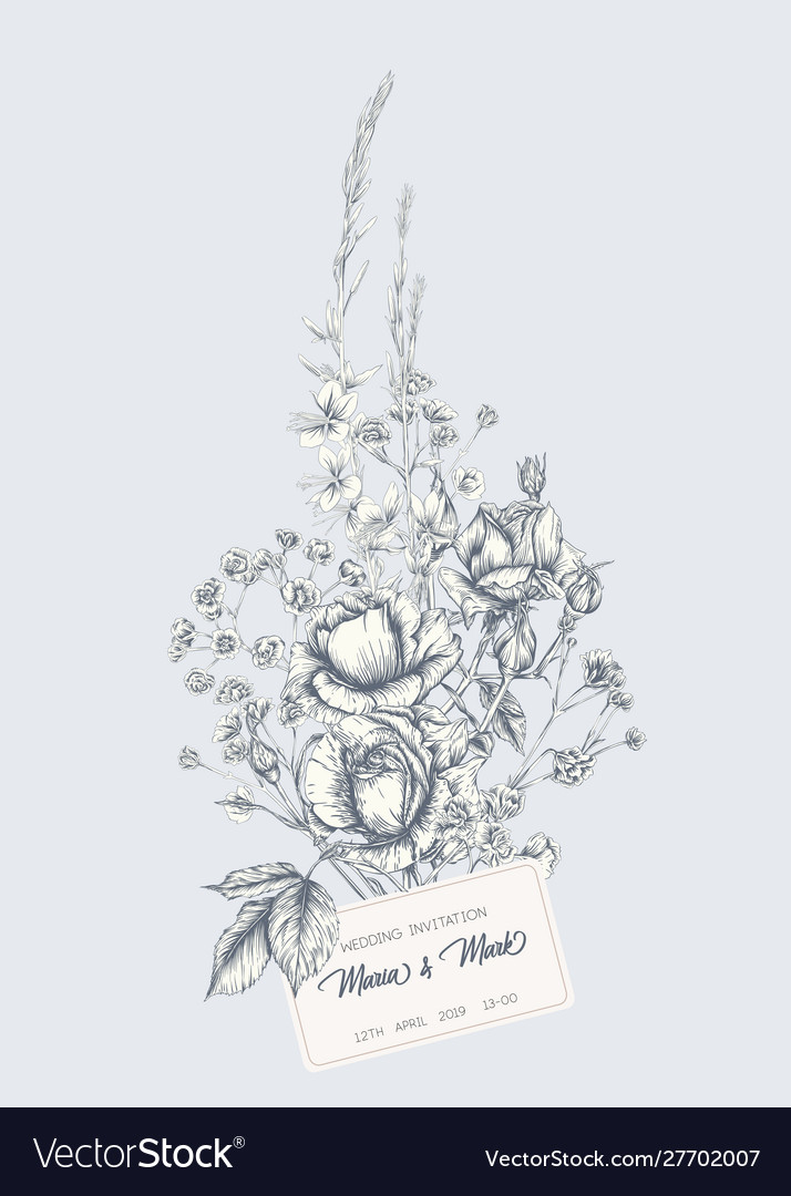 Wedding invitation with roses and spring flowers Vector Image