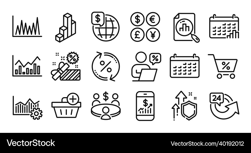 24 hours calendar and line graph line icons set Vector Image