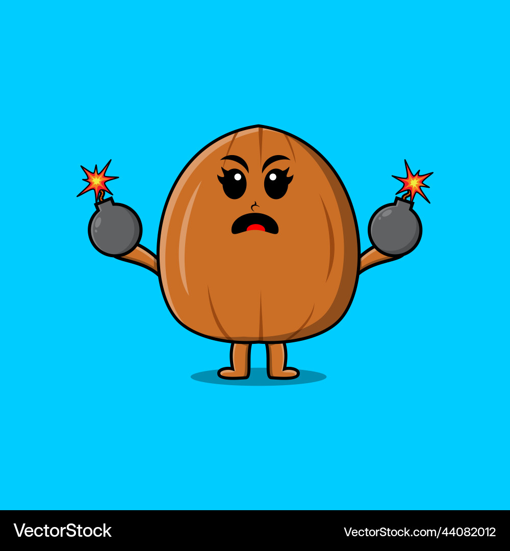 Cute cartoon almond nut holding bomb scared Vector Image