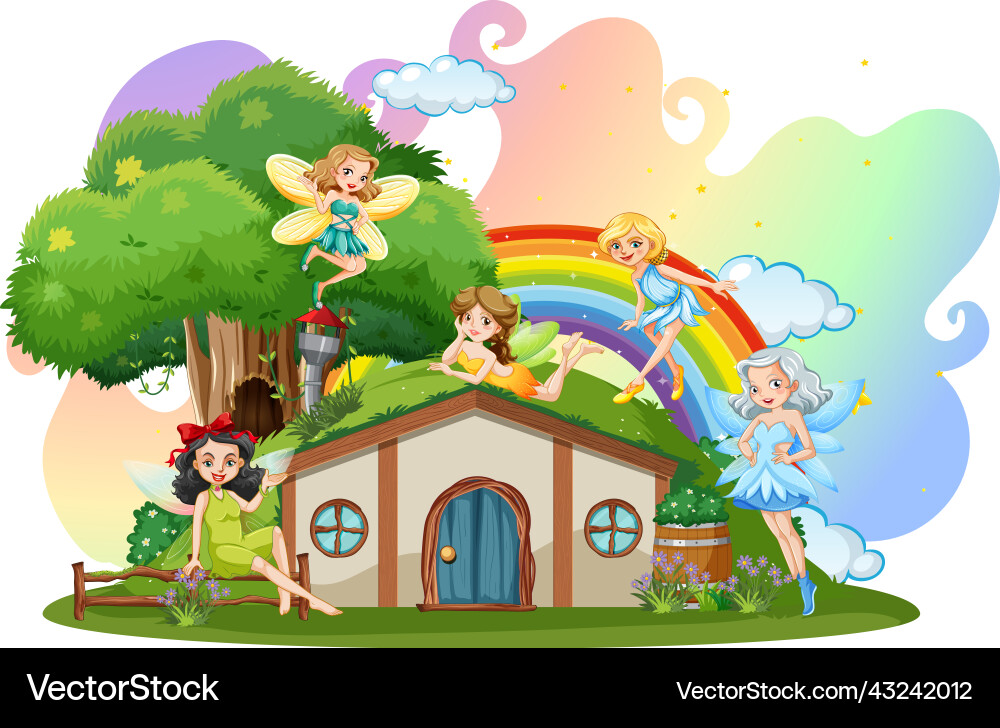 Fairies at hobbit house on white background Vector Image