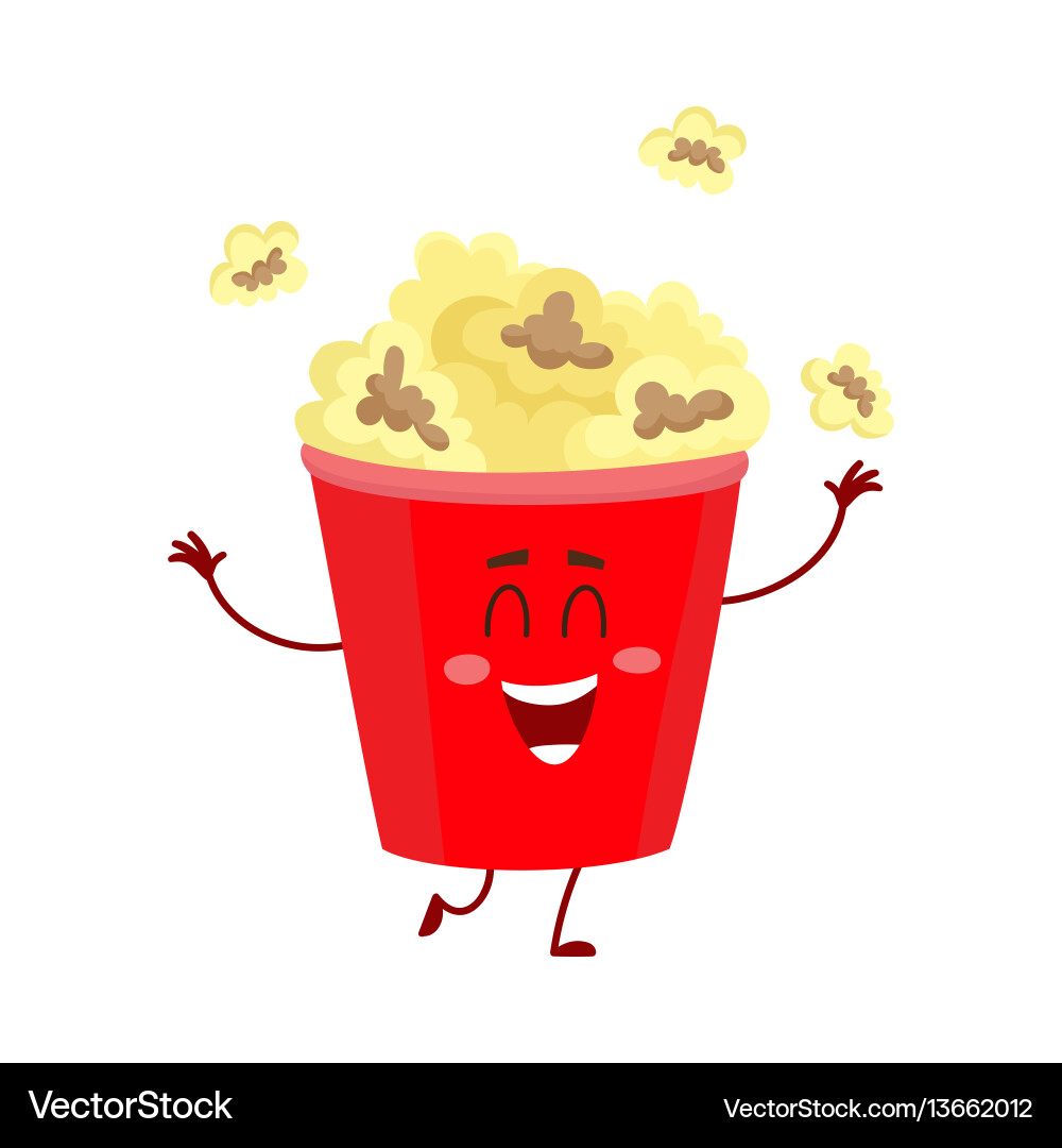 Funny cinema popcorn bucket character with smiling