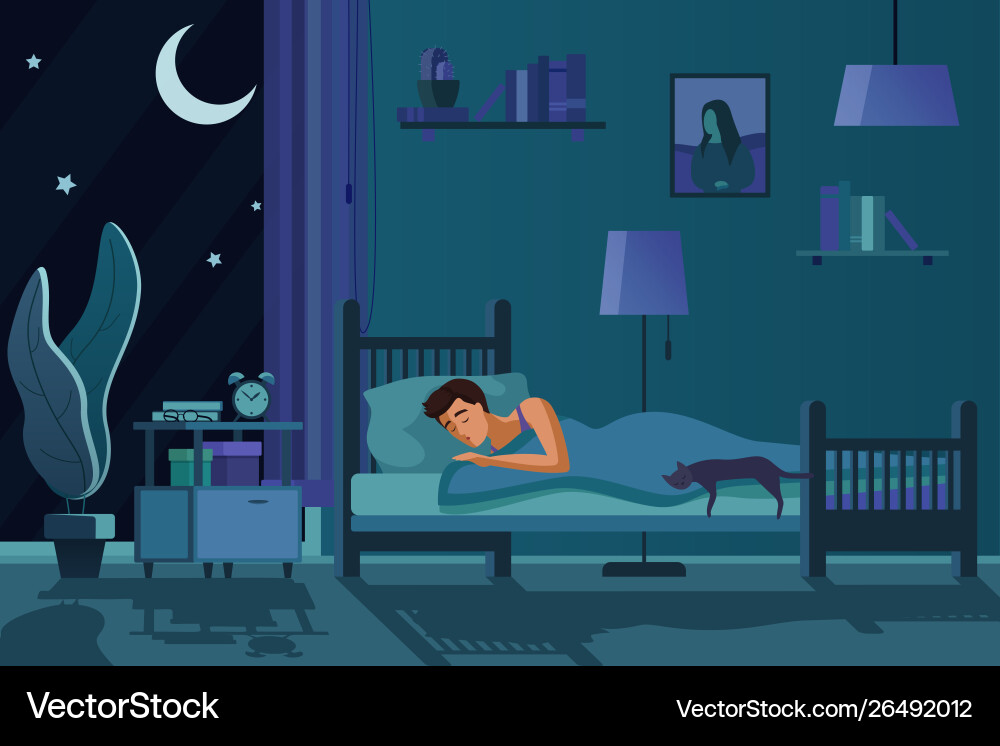 Young tired man sleeping in bed covered with quilt