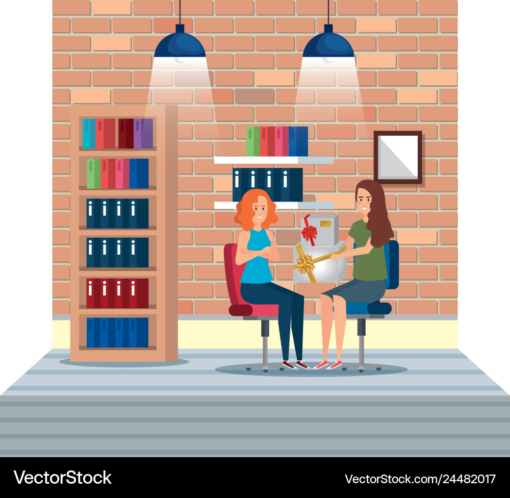 Businesswomen in workplace giving gift Royalty Free Vector