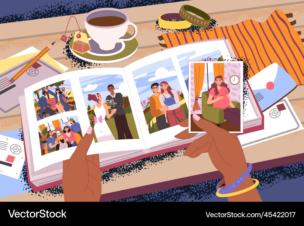 Memory photo book hands hold photographs Vector Image