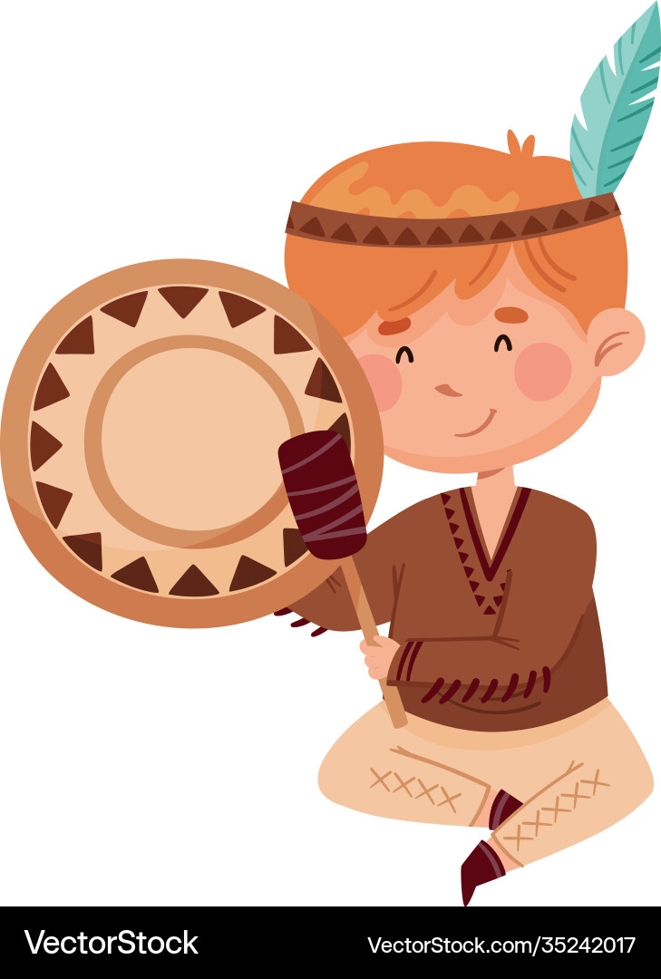 Smiling boy in indian costume and feathered Vector Image