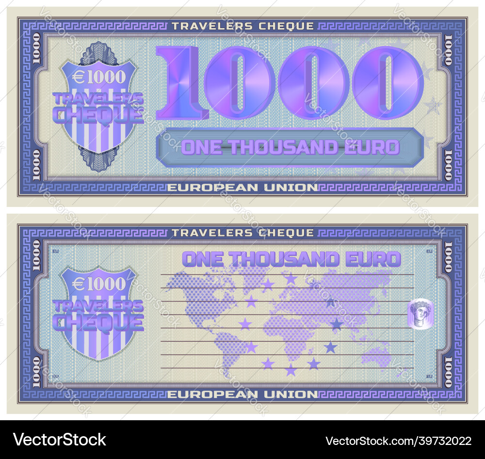 A violet cheque for one thousand euro obverse Vector Image